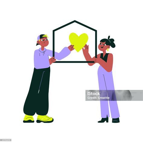 부부는 사랑 함께 가족 단결 돌보는 관계 그리고 평면 벡터 일러스트 레이 션에서 사랑의 집을 나타내는 집 프레임 안에 하트