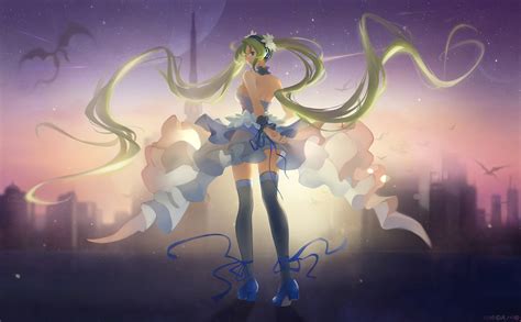 壁纸 插图 动漫女孩 高抬腿 Vocaloid 初音未来 Twintails 神话 截图 电脑壁纸 虚构人物