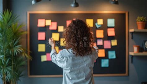 Woman Arranging Sticky Notes On A Board Business Concept Of Planning