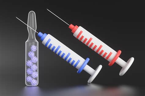 검은 색 배경에 만화 주사기 근처 내부 코로나 바이러스 백신의 유리 앰플 코로나바이러스 예방 접종 개념 3d 렌더링 그림입니다