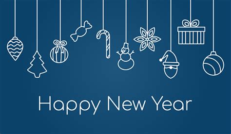 새해 아이콘이 밧줄에 매달려 있습니다 파란색 배경에 새해를 문자로 보냅니다 크리스마스 트리 장식 선물 산타 클로스 크리스마스에 대한 스톡 벡터 아트 및 기타 이미지 Istock