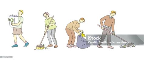 백으로 쓰레기를 긁어 모으는 사람들 자원봉사자들은 폐기물을 청소합니다 남자 쓰레기 수거 선별 재활용을 연습하는 여자 환경 오염