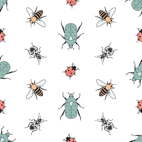 Seamless Pattern With Various Bugs Firebug Ant Flower Chafer Honey Bee Ladybug On White Seamless Pattern With Various Bugs Firebug Ant Flower Chafer Honey Bee Ladybug On White