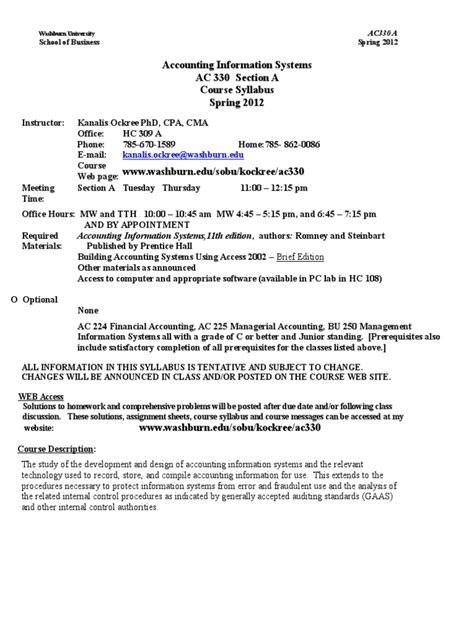 Accounting Information Systems Ac 330 Section A Course Syllabus Spring 2012 Pdf Academic