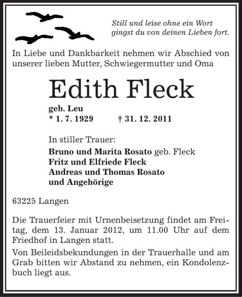 Traueranzeigen Von Edith Fleck Trauer Op Online De