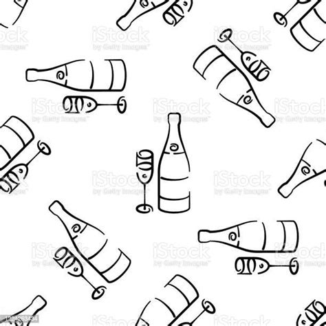 シャンパンボトルとグラスベクトル白の背景にシームレスなパターン黒と白の休日の背景手描き 包装紙のベクターアート素材や画像を多数ご用意