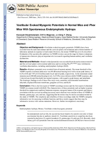 Pdf Vestibular Evoked Myogenic Potentials In Normal Mice And Phex