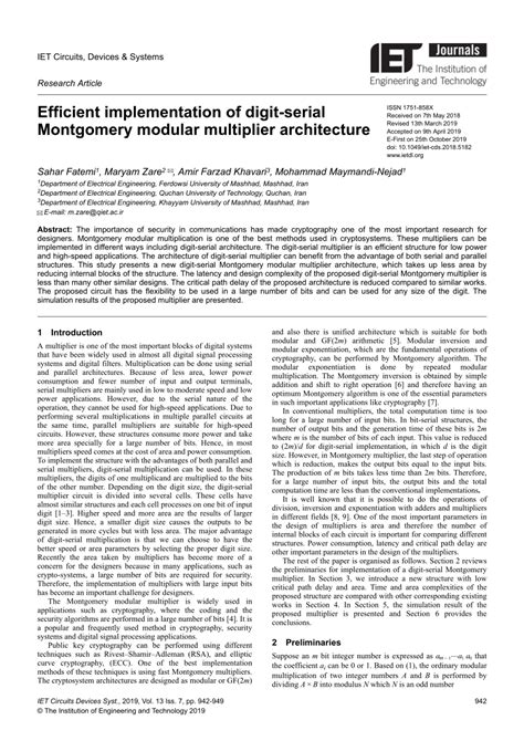 PDF Efficient Implementation Of Digit Serial Montgomery Modular