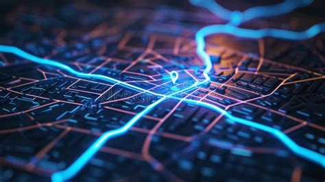Futuristic City Map With Glowing Blue Pathways And Marker Stock