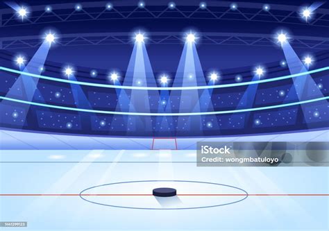 아이스 하키 선수 스포츠 헬멧 스틱 퍽 및 스케이트를 얼음 표면에 게임 또는 챔피언십 평면 만화 손으로 그린 템플릿 그림 아이스 하키 링크에 대한 스톡 벡터 아트 및 기타