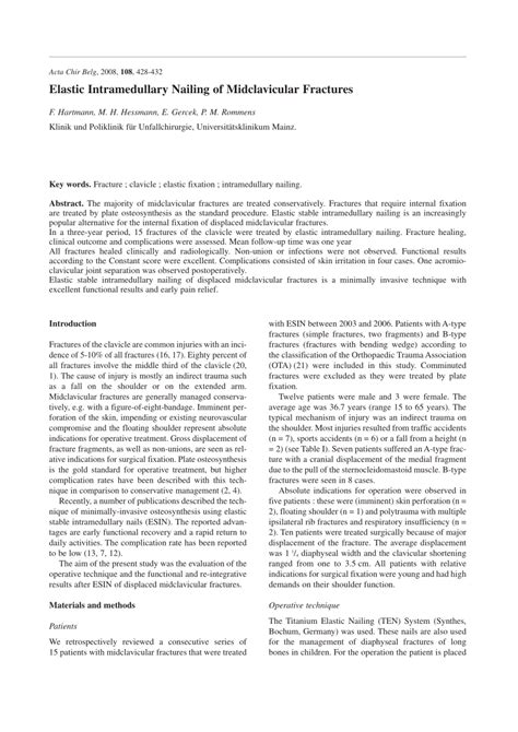 Pdf Elastic Intramedullary Nailing Of Midclavicular Fractures