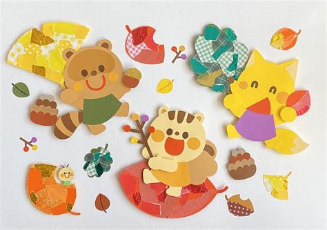 秋の壁面カラフル落ち葉であそぼう イラストレーター イシグロフミカ nowanowan かわいい保育のイラスト壁面2023
