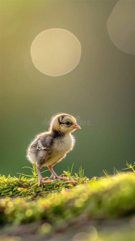 A Small Fluffy Yellow Chick Stands On A Mossy Hilltop Stock