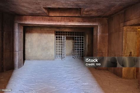 강철 격자의 형태로 만들어진 대형 콘크리트 블록과 일체형 철근 콘크리트의 천장 벽과 어둠의 던전 입구 강철에 대한 스톡 사진 및