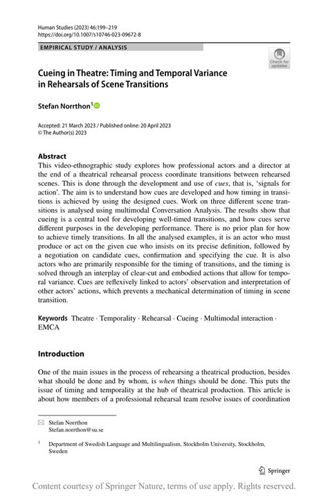 Pdf Cueing In Theatre Timing And Temporal Variance In Rehearsals Of