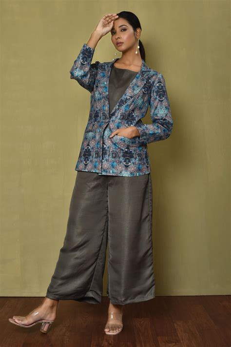 Buy Naintara Bajaj Grey Pant Set With Mandala Print Blazer Online Aza