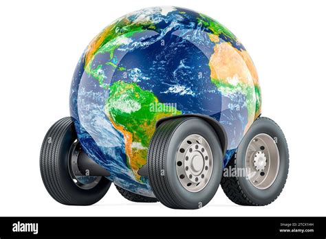Earth Globe With Car Wheels 3d Rendering Isolated On White Background