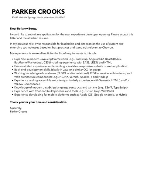 User Experience Developer Cover Letter Velvet Jobs