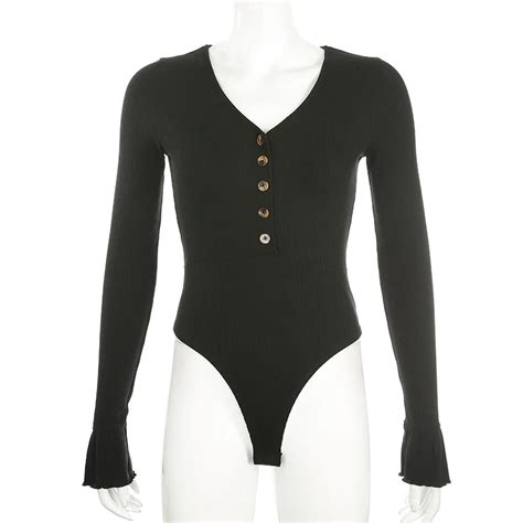 Сексуальный дизайн с V образным вырезом и пуговицами черные комбинезоны Женское боди женские