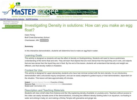 Serc Investigating Density In Solutions How Can You Make An Egg Float Lesson Plan For 3rd