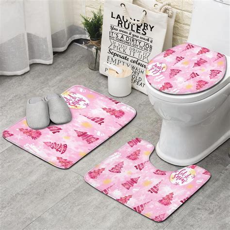Pink Christmas Tree Bathroom Rugs Sets 3 Piecetoilet Cover Set