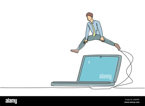 Single Continuous Line Drawing Businessman Jumping Over Big Laptop Computer Information