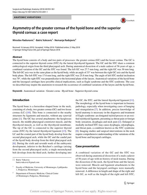 Asymmetry Of The Greater Cornua Of The Hyoid Bone And The Superior Thyroid Cornua A Case Report
