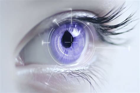Close Up Human Eye With Digital Scan Overlay Violet Iris Long Lashes