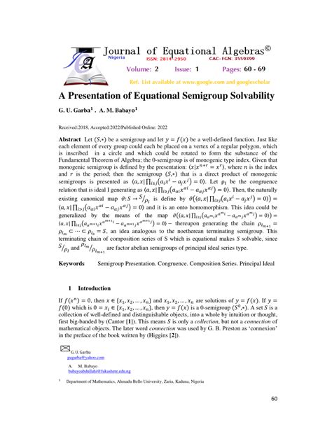 Pdf A Presentation Of Equational Semigroup Solvability