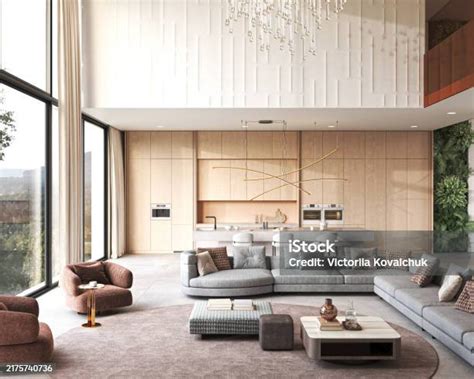 현대적이고 고급스러운 거실에는 자연 채광과 3d 렌더링이 들어오는 개방형 주방이 있습니다 실내에 대한 스톡 사진 및 기타 이미지 실내 집 대형 Istock