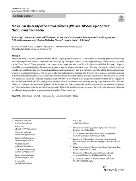 Pdf Molecular Diversity Of Sesamia Inferens Walker 1856