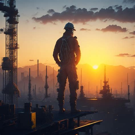 Premium Ai Image Operator Standing By The Oil Rig And Controlling
