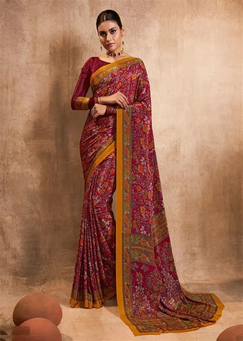 Buy Digital Printed Crepe Saree In Maroon