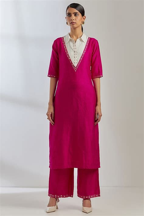 Pink Raw Silk Collared Kurta By Tic At Pernias Pop Up Shop 2025