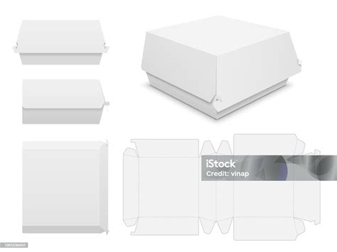햄버거 샌드위치 또는 기타 패스트 푸드를위한 종이 도시락 다이 컷 템플릿과 다양한 보기의 집합입니다 벡터 격리 된 사실 모형 그림 상자에 대한 스톡 벡터 아트 및 기타