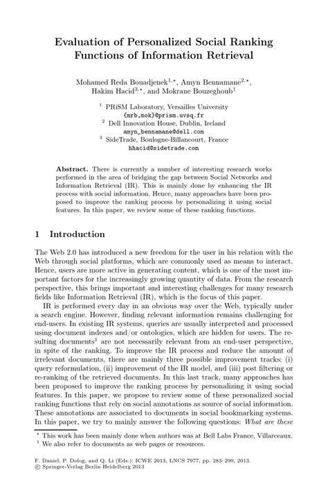 Pdf Evaluation Of Personalized Social Ranking Functions Of