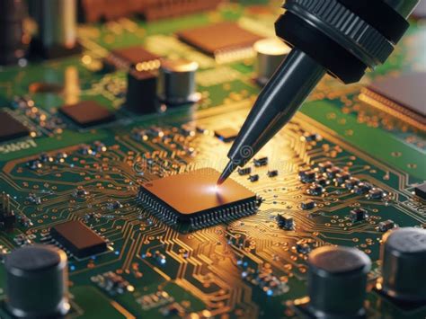 Precision Work On Electronic Circuit Board With Soldering Iron Stock