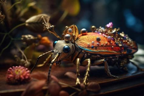 Premium Photo A Bug With A Gold And Orange Shell And Beads On It