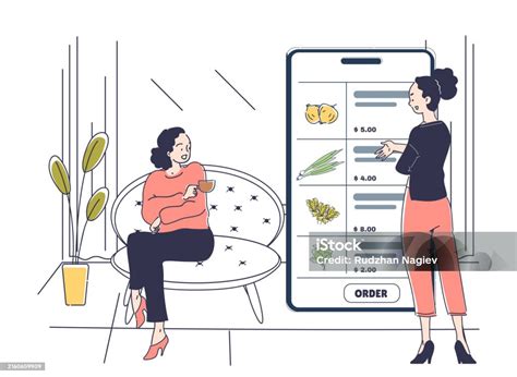 식료품 모바일 앱 스마트폰 근처의 여성들은 집으로 배달되는 식료품을 주문합니다 무현금 결제 전자 상거래 및 온라인 쇼핑 선형