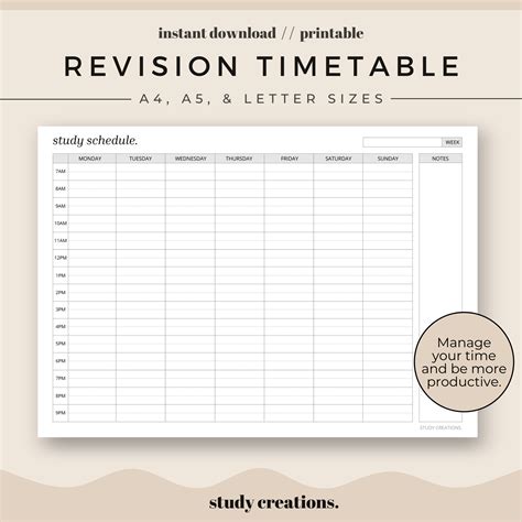 Revision Timetable Printable Set Study Schedule Weekly Timetable Hourly Agenda A4 A5 And Letter