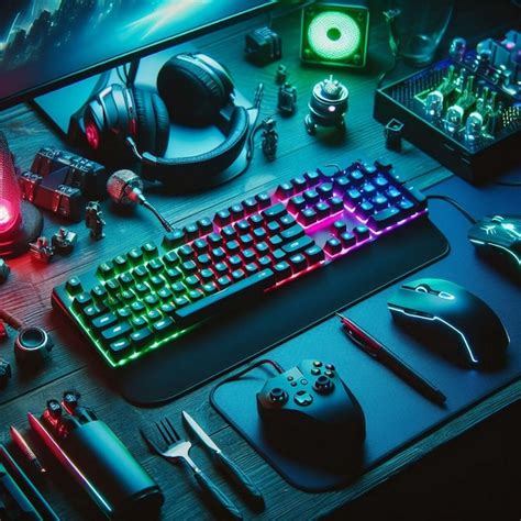 Premium Photo View Of Illuminated Neon Gaming Keyboard Setup And Controller