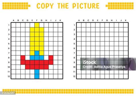 그림을 복사하고 그리드 이미지를 완성합니다 사각형으로 그리는 교육용 워크시트 색칠 영역 유치원 활동 어린이 게임 만화 벡터 일러스트 레이 션 픽셀 아트 나이트 소드 개발에
