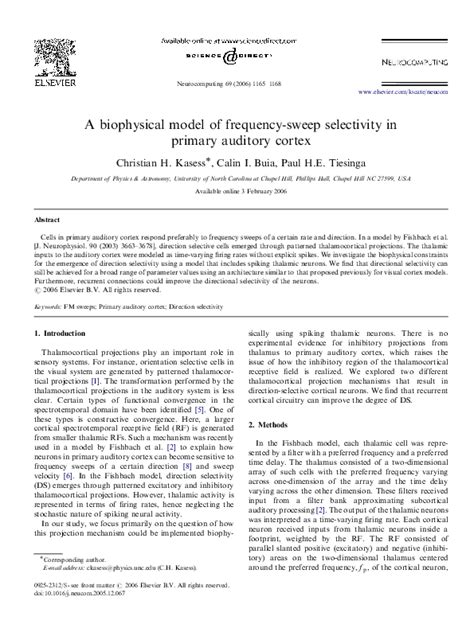 Pdf A Biophysical Model Of Frequency Sweep Selectivity In Primary Auditory Cortex