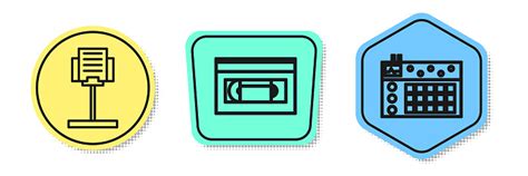 설정 라인 음악 스탠드 Vhs 비디오 카세트 테이프와 드럼 머신 컬러 모양입니다 벡터 고전 양식에 대한 스톡 벡터 아트 및 기타 이미지 고전 양식 고풍스런 기계류