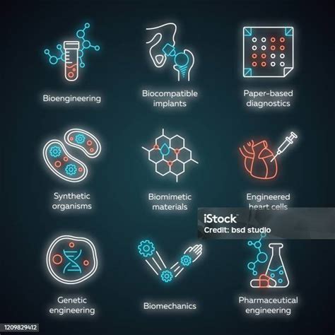 생명 공학 네온 빛 아이콘 세트 생명 공학 분자 생물학 생물 의학 및 분자 공학 빛나는 징후 벡터 절연 일러스트레이션 건강 진단에 대한 스톡 벡터 아트 및 기타 이미지