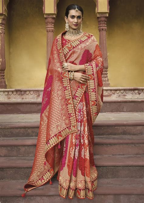 Red And Pink Dola Silk Embroidered Wedding Saree Sarees Designer Collection