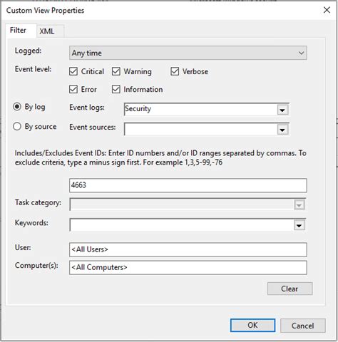 how to audit the windows event log for deleted files using event filter