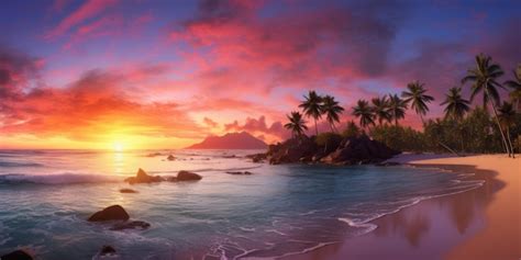 Premium Photo Illustration Of A Sunset On A Tropical Beach