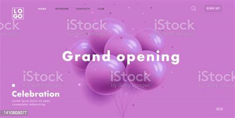 보라색 배경에 둥근 보라색 공기 풍선의 무리와 그랜드 오프닝 웹 배너 현대적인 스타일의 랜딩 페이지 디자인 3차원 형태에 대한 스톡 벡터 아트 및 기타 이미지 Istock