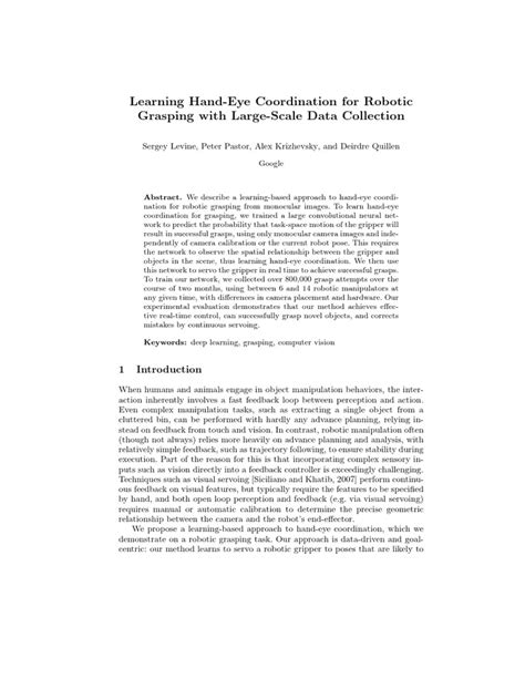 Learning Hand Eye Coordination For Robotic Alex Krizhevsky Pdf